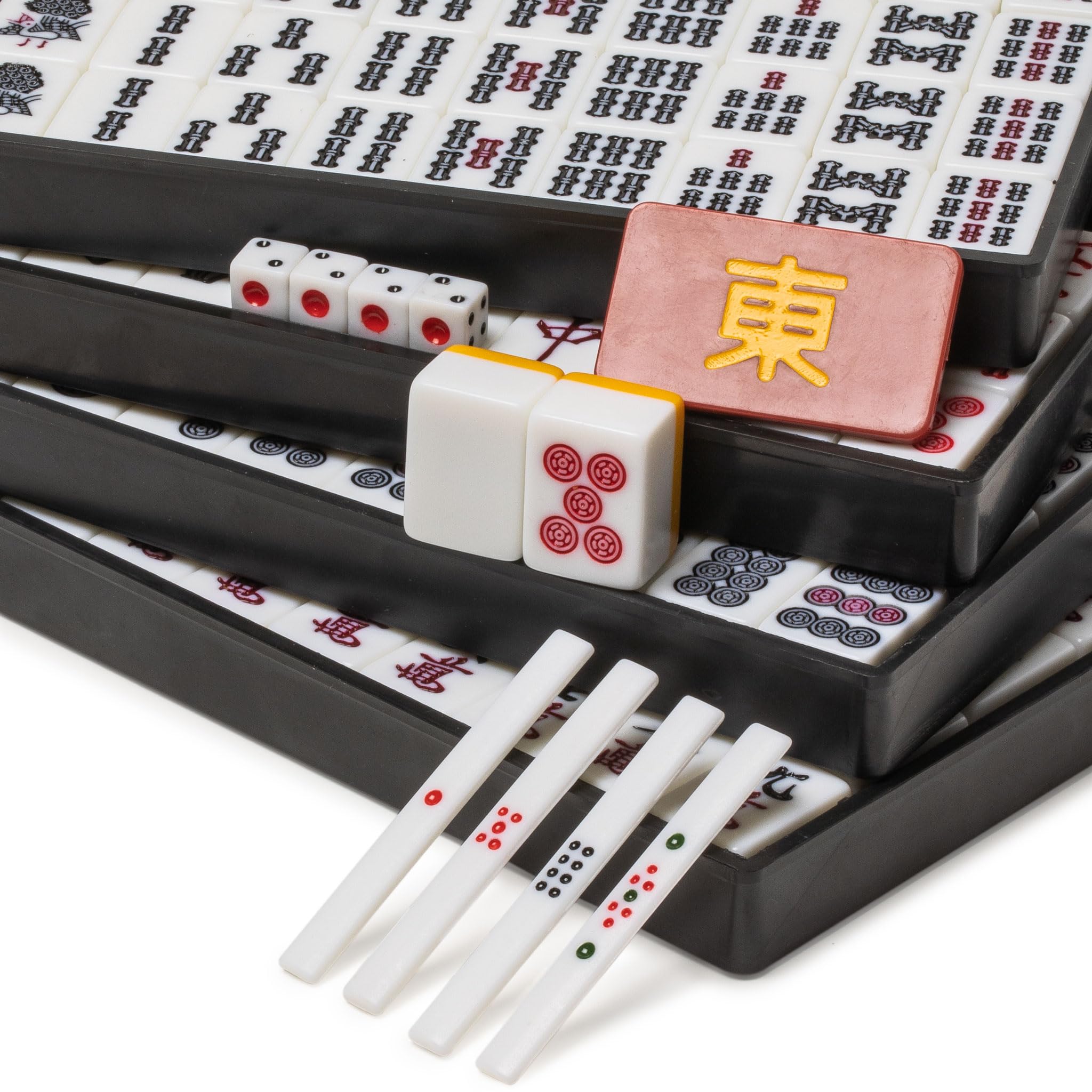 Yellow Mountain Imports Japanese Riichi Mahjong Set - White and Yellow Standard Size Tiles - with East Wind Tile and Black Vinyl Case