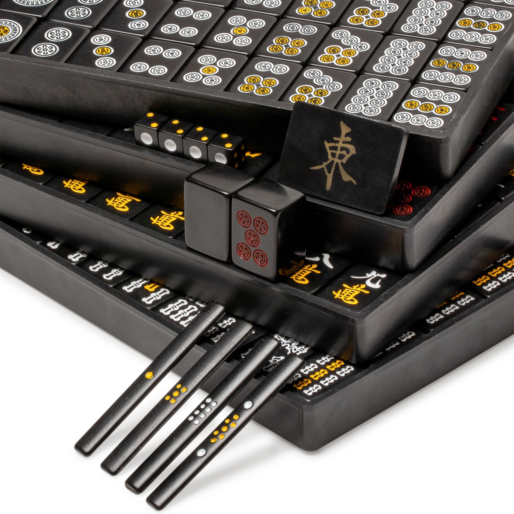 Yellow Mountain Imports Japanese Riichi Mahjong Set - Black Standard Size Tiles and Vinyl Case - with East Wind Tile, Set of Scoring Sticks, & Dice