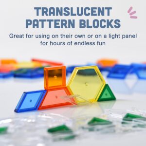 Constructive Playthings Translucent Pattern Blocks, Light Table Manipulatives, STEM Toys, Sensory Play, Create, Build and Design, Color Exploration, Set of 147 Blocks, Toys for Kids 3 Years and Up