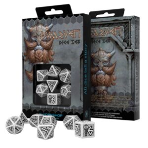 Q-Workshop Dwarven White & Black RPG Ornamented Dice Set 7 Polyhedral Pieces