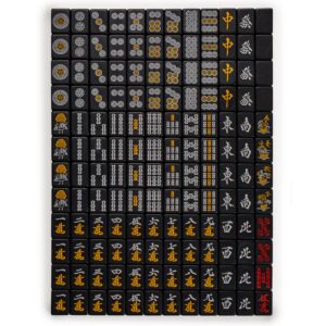 Yellow Mountain Imports Japanese Riichi Mahjong Set - Black Standard Size Tiles and Vinyl Case - with East Wind Tile, Set of Scoring Sticks, & Dice