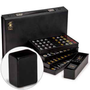 yellow mountain imports japanese riichi mahjong set - black standard size tiles and vinyl case - with east wind tile, set of scoring sticks, & dice