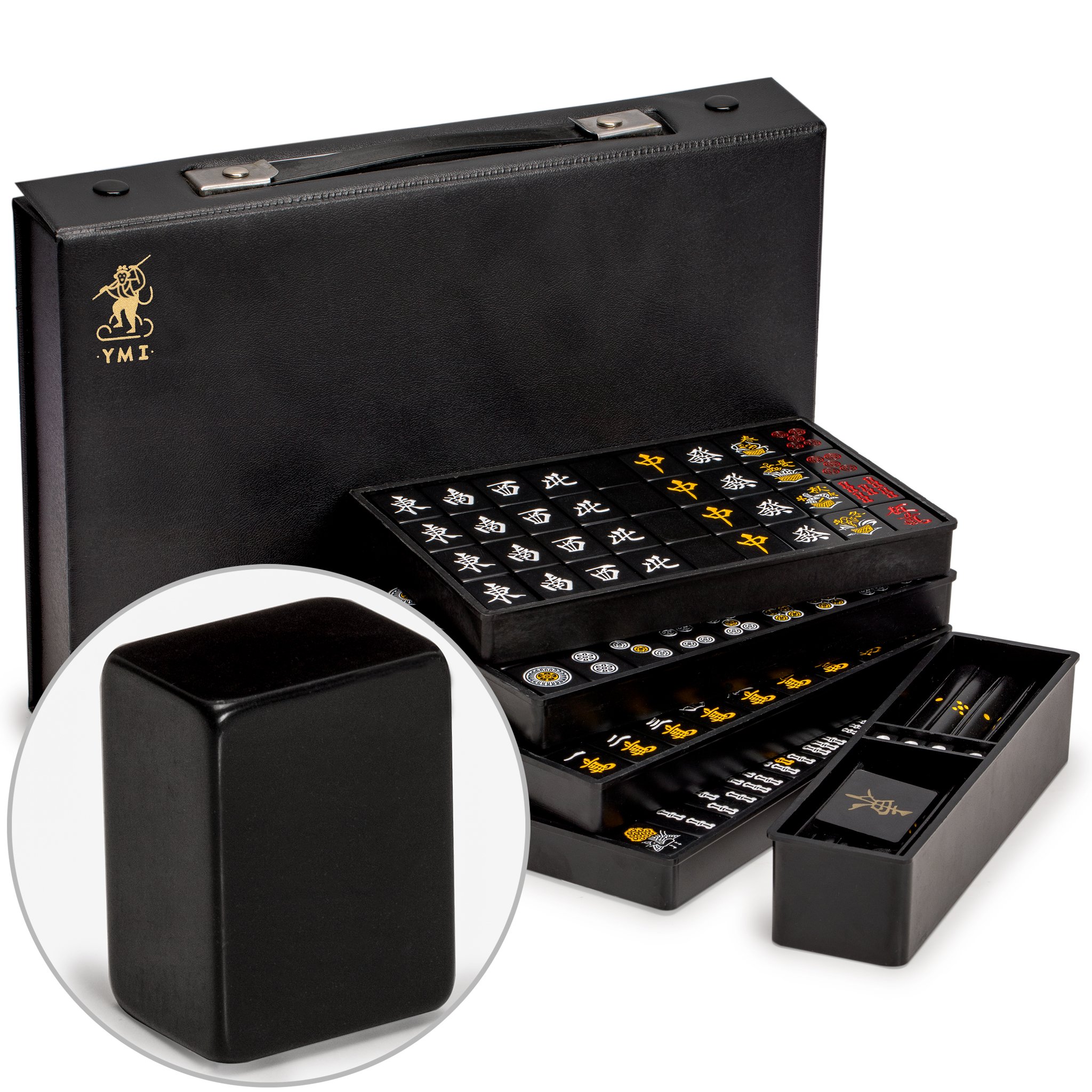 Yellow Mountain Imports Japanese Riichi Mahjong Set - Black Standard Size Tiles and Vinyl Case - with East Wind Tile, Set of Scoring Sticks, & Dice