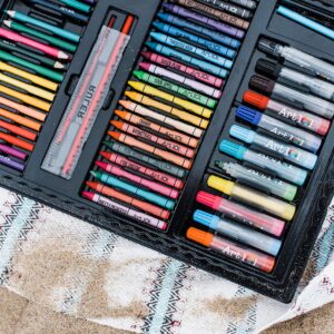 Art 101 Budding Artist 179 Piece Draw Paint and Create Art Set with Pop-Up Double-Sided Easel, Includes markers, crayons, paints, colored pencils, Case includes pop up easel, Portable Art Studio