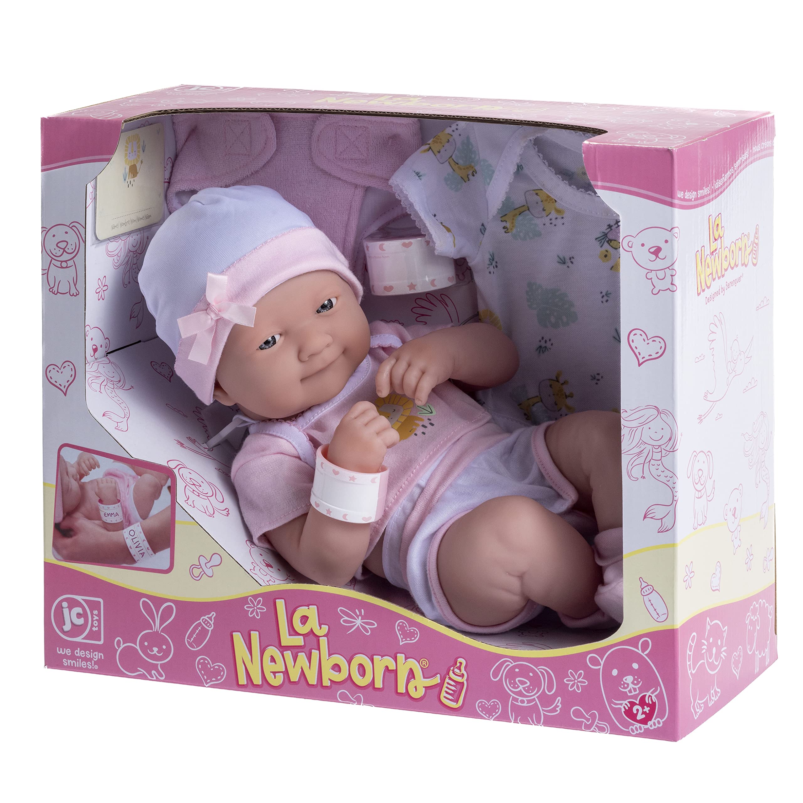 8 piece Layette Baby Doll Gift Set | JC Toys - La Newborn Nursery | 14" Life-Like Smiling Doll w/ Accessories | Pink | Ages 2+, Pink Smiling