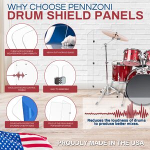 PENNZONI Drum Shield 5ft w/Chrome Hinges, Comes w/ 5 Drum Panels, & Chrome Hinges, Premium Clear Acrylic Panels, Drum Screen