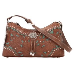 american west lady lace zip-top shoulder bag,antique brown/turquoise,one size