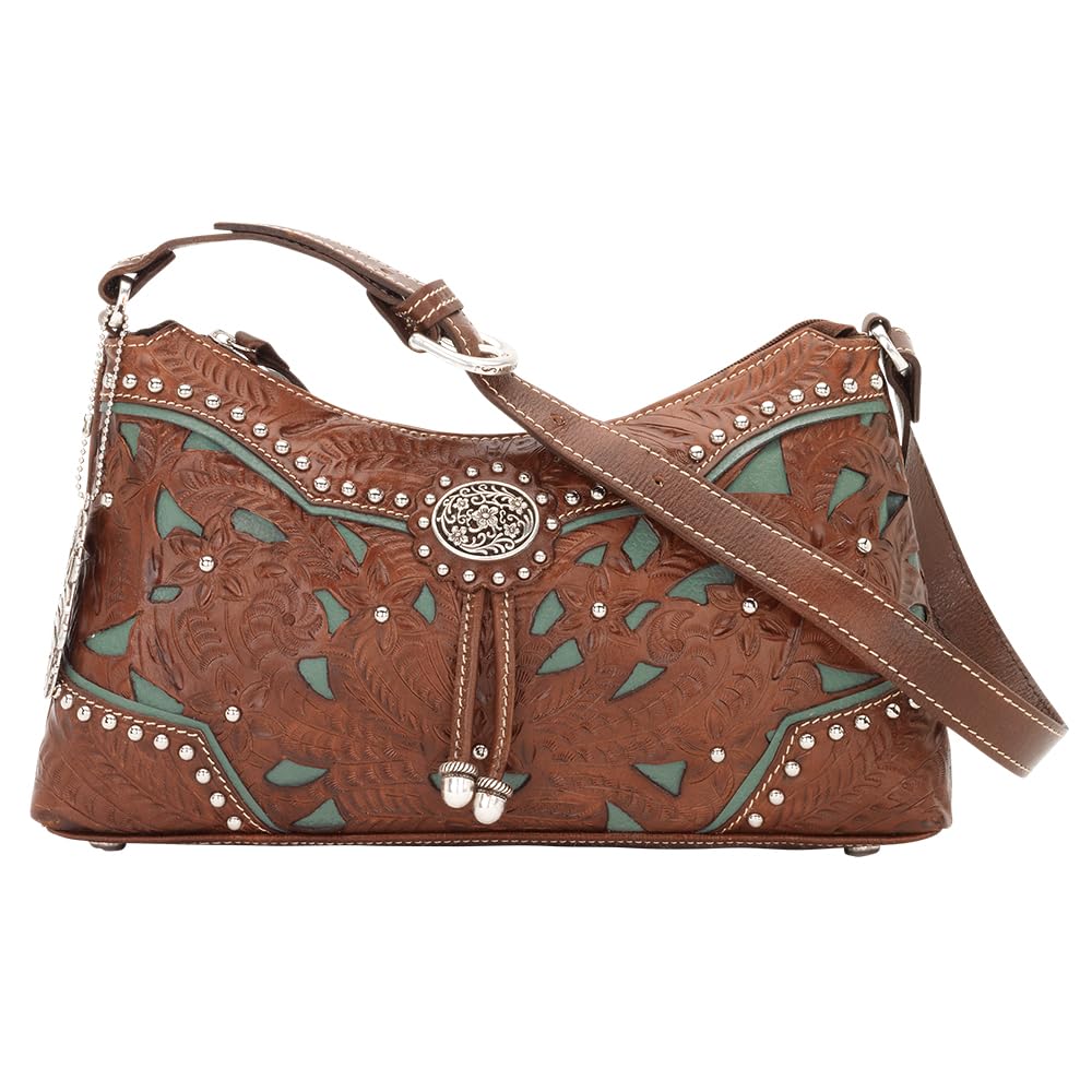 American West Lady Lace Zip-Top Shoulder Bag,Antique Brown/Turquoise,One Size