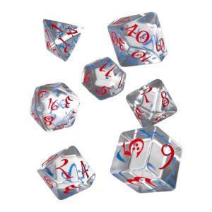 classic rpg 7 dice, transparent blue/red