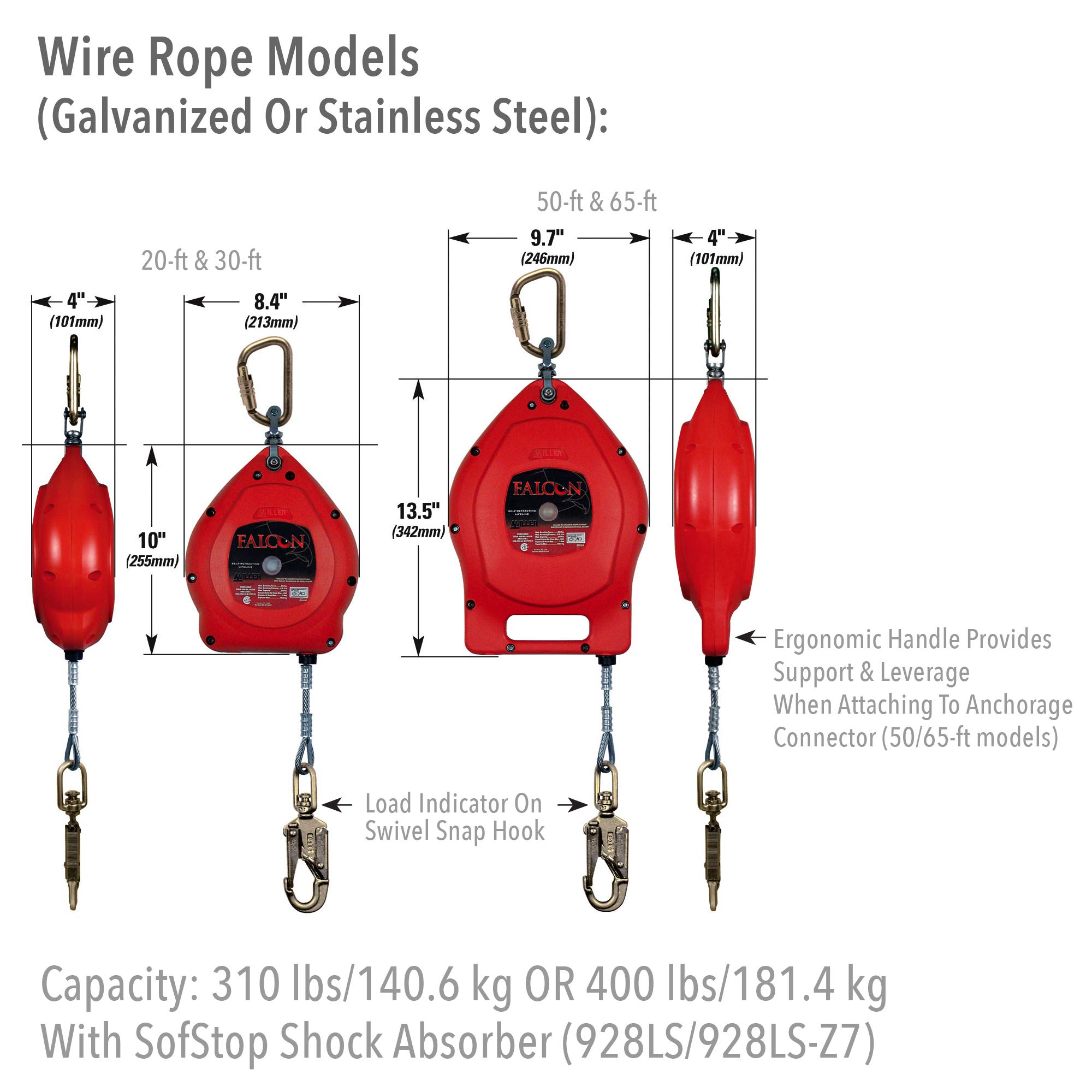 Miller by Honeywell Falcon 50-Foot Self-Retracting Stainless Steel Wire Lifeline with Swivel/Carabiner & Swivel/Snap Hook (MP50SS-Z7/50FT)