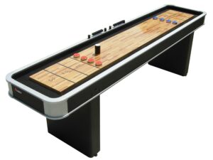 atomic 9’ platinum shuffleboard table with poly-coated playing surface for smooth, fast puck action and pedestal legs with levelers for optimum stability and level play