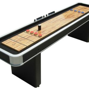 Atomic 9’ Platinum Shuffleboard Table with Poly-coated Playing Surface for Smooth, Fast Puck Action and Pedestal Legs with Levelers for Optimum Stability and Level Play