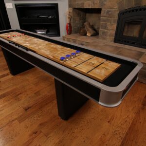 Atomic 9’ Platinum Shuffleboard Table with Poly-coated Playing Surface for Smooth, Fast Puck Action and Pedestal Legs with Levelers for Optimum Stability and Level Play