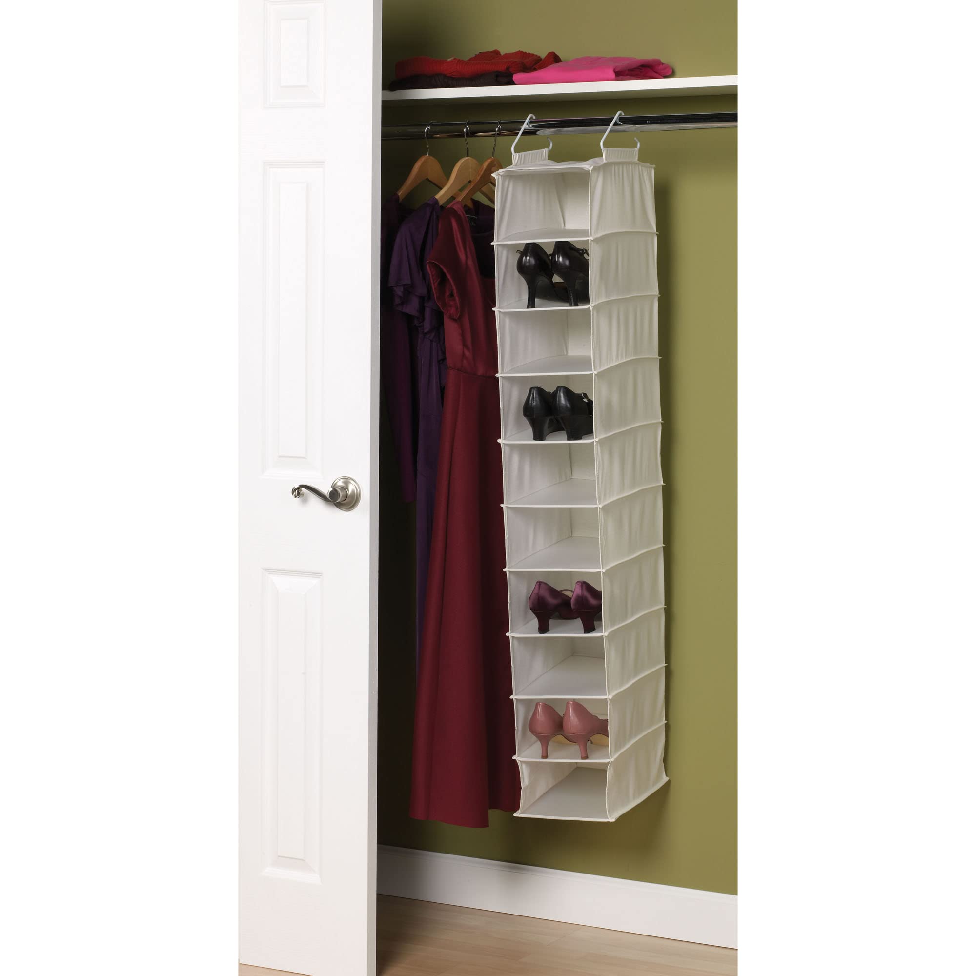 Household Essentials 311328 Hanging Shoe Storage Organizer for Closets |10 Wide Pocket Shelves | Natural Canvas