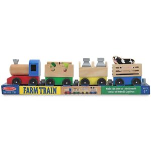 melissa & doug wooden farm train set - classic wooden toy (3 linking cars)