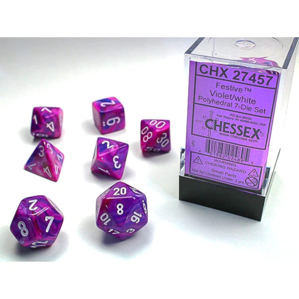 Chessex Chx27457 Dice-Festive Violet/White Set, Yellow, Large (18mm - 25mm)