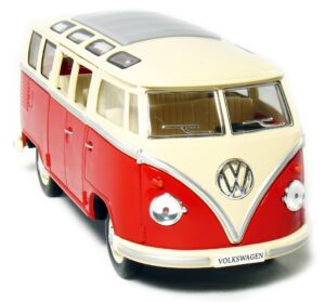 kingsmart 1962 volkswagen classic hippy bus 7" 1:24scale red die cast metal model toy pull back action car