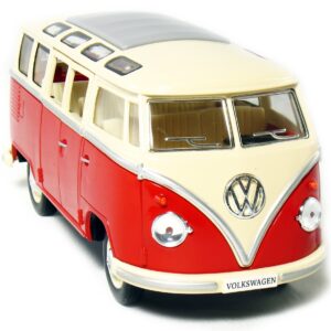 KINGSMART 1962 Volkswagen Classic Hippy Bus 7" 1:24Scale Red Die Cast Metal Model Toy Pull Back Action Car