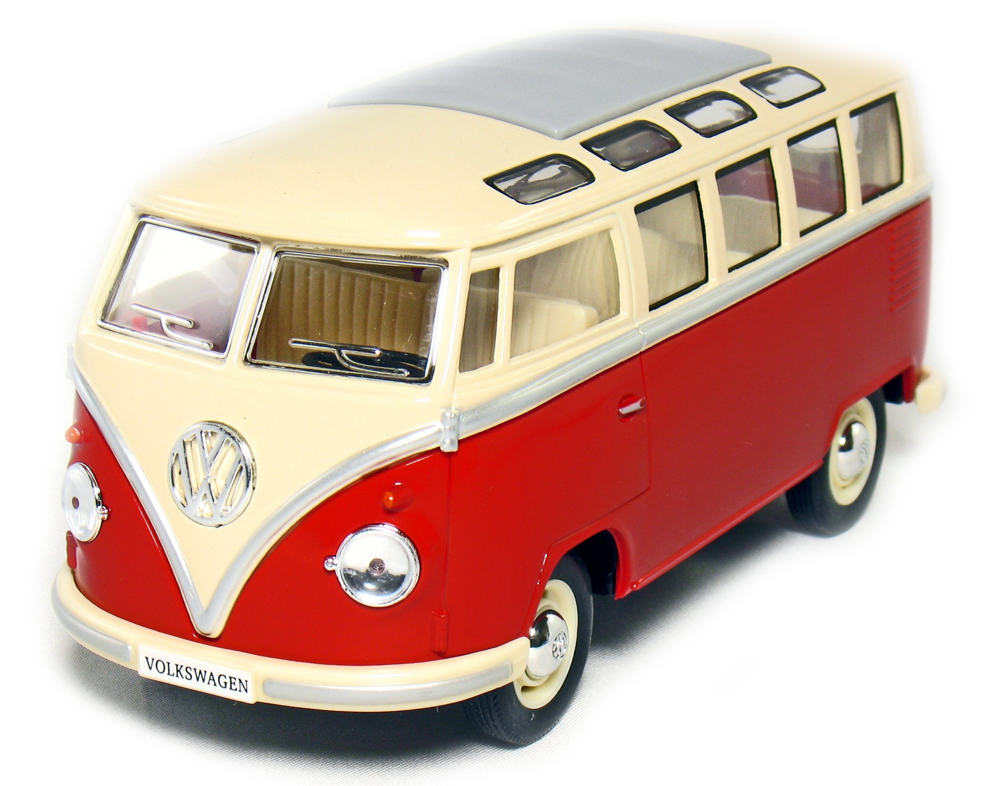 KINGSMART 1962 Volkswagen Classic Hippy Bus 7" 1:24Scale Red Die Cast Metal Model Toy Pull Back Action Car