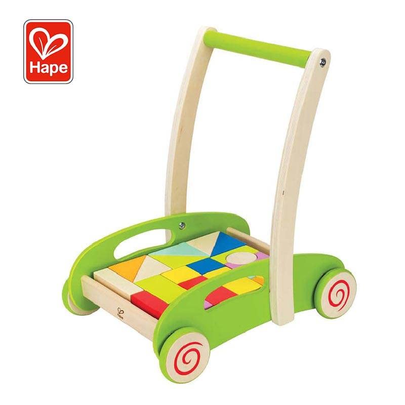 Hape Block and Roll Cart Toddler Wooden Push and Pull Toy, Multicolored (E0371B)