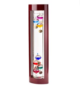 galileo glass thermometer | 14.5-inches tall with cherry wood frame | law of physics | indoor room temperature for home house office desk counter tabletop | holiday gift present