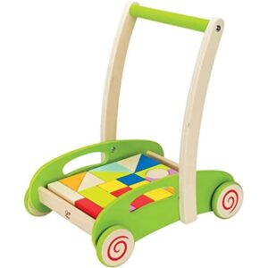 hape block and roll cart toddler wooden push and pull toy, multicolored (e0371b)