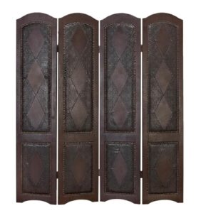 deco 79 faux leather scroll partition room divider screen hinged foldable partition 4 panel privacy screen with faux leather detailing, room partition 64" x 1" x 71", brown