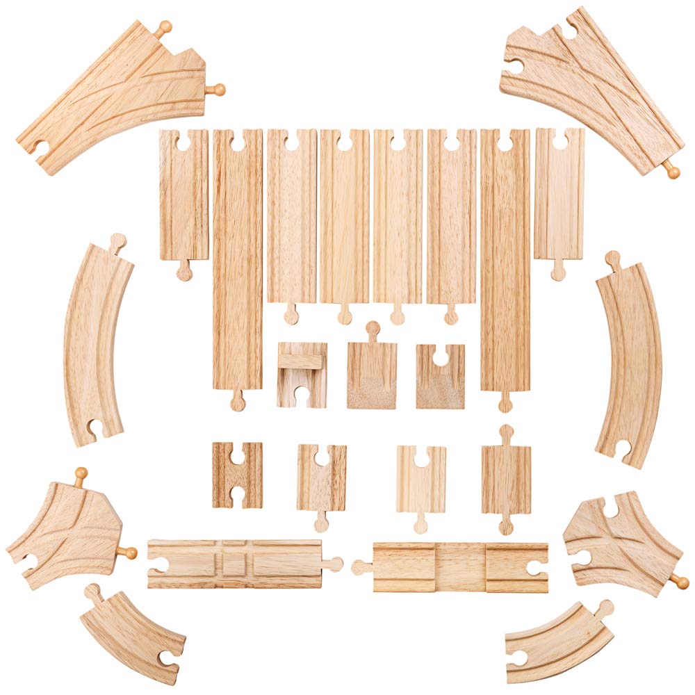 Bigjigs Rail Low Level Train Track Expansion Pack - 25pc Wooden Train Track for Train Sets , Quality Bigjigs Train Accessories , Compatible with most major Wooden Railway Brands