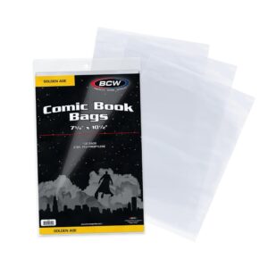 bcw golden age comic bags - 100 ct | crystal clear, acid-free protection, polypropylene sleeves | comic bags for secure storage of standard golden comics collection