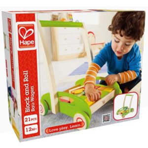 Hape Block and Roll Cart Toddler Wooden Push and Pull Toy, Multicolored (E0371B)