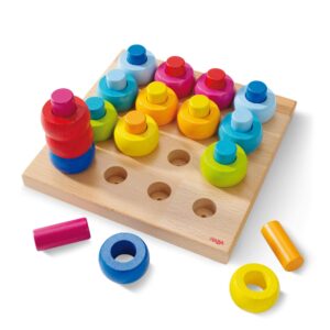 haba rainbow whirls wooden sorting & stacking rings shape sorter, educational toys for 2 year old & up, color sorting fine motor toys, made in germany