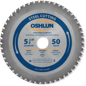 oshlun sbf-054050 5-3/8-inch 50 tooth ftg saw blade with 20mm arbor (5/8-inch and 10mm bushings) for thin mild steel and ferrous metals