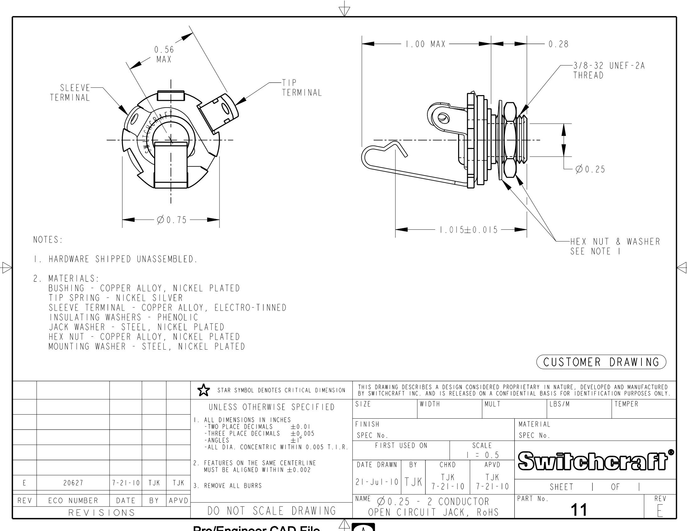 Switchcraft 1/4" Mono 2-Conductor Input Jack, Open Circuit (Type 11)