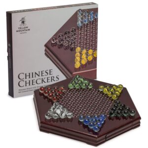 yellow mountain imports wooden chinese checkers halma board game set (12-inch) with storage drawer and 60 colored glass marbles (14mm) - classic strategy game