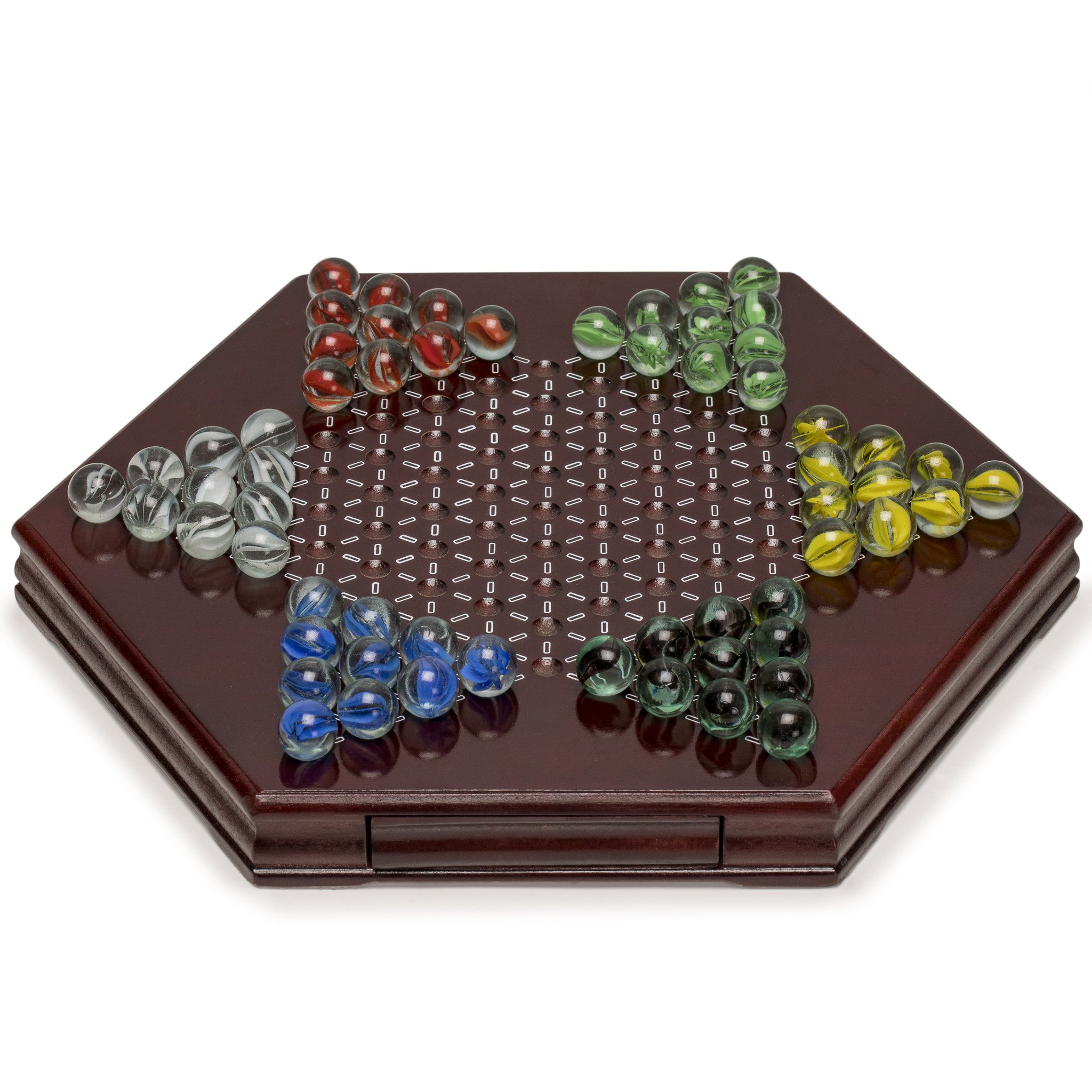 Yellow Mountain Imports Wooden Chinese Checkers Halma Board Game Set (12-Inch) with Storage Drawer and 60 Colored Glass Marbles (14mm) - Classic Strategy Game