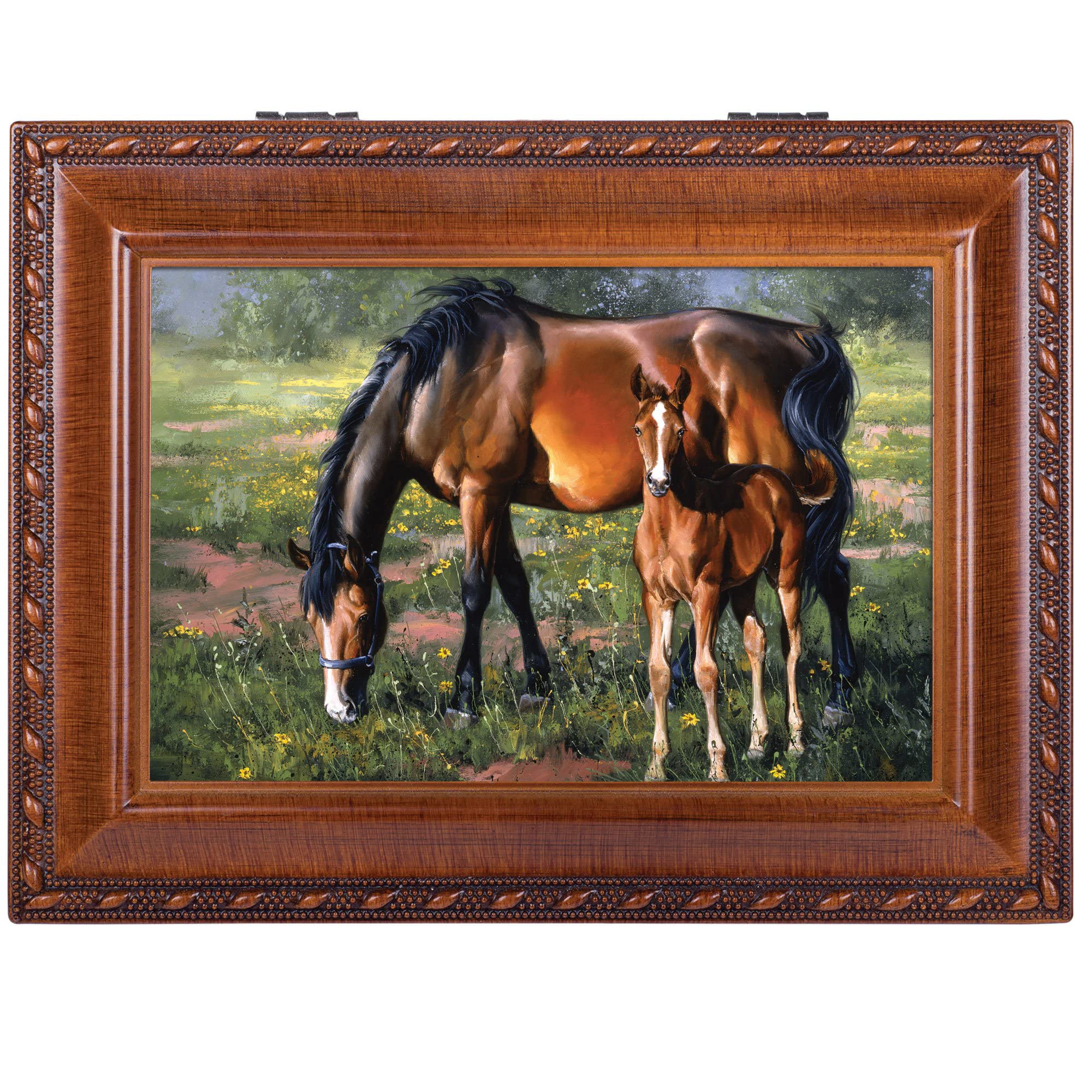 Cottage Garden Horses Brown Mare Black Mane Colt Woodgrain Rope Trim Music Box Plays Wonderful World