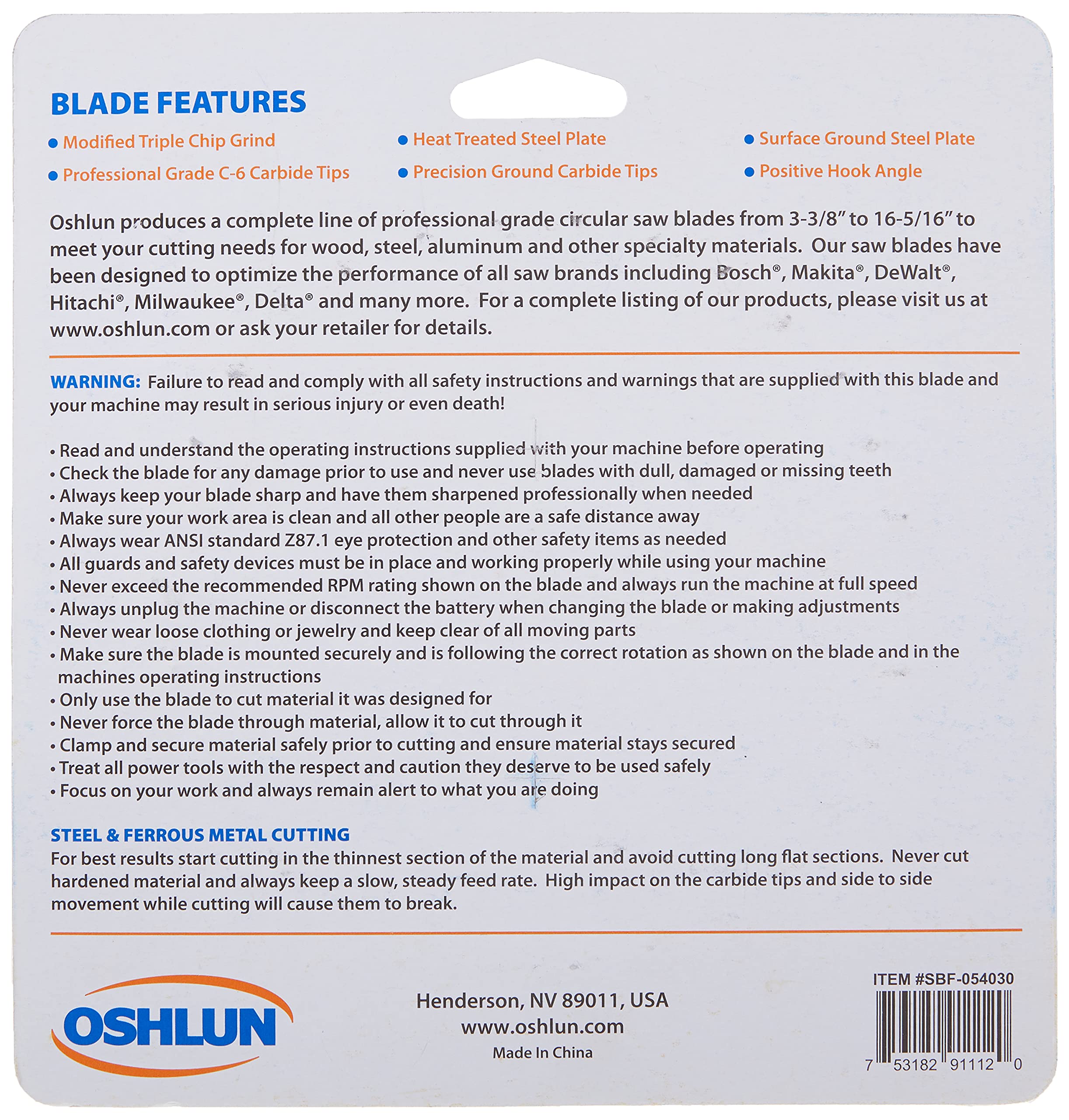 Oshlun SBF-054030 5-3/8-Inch 30 Tooth MTCG Saw Blade with 20mm Arbor (5/8-Inch and 10mm Bushings) for Mild Steel and Ferrous Metals