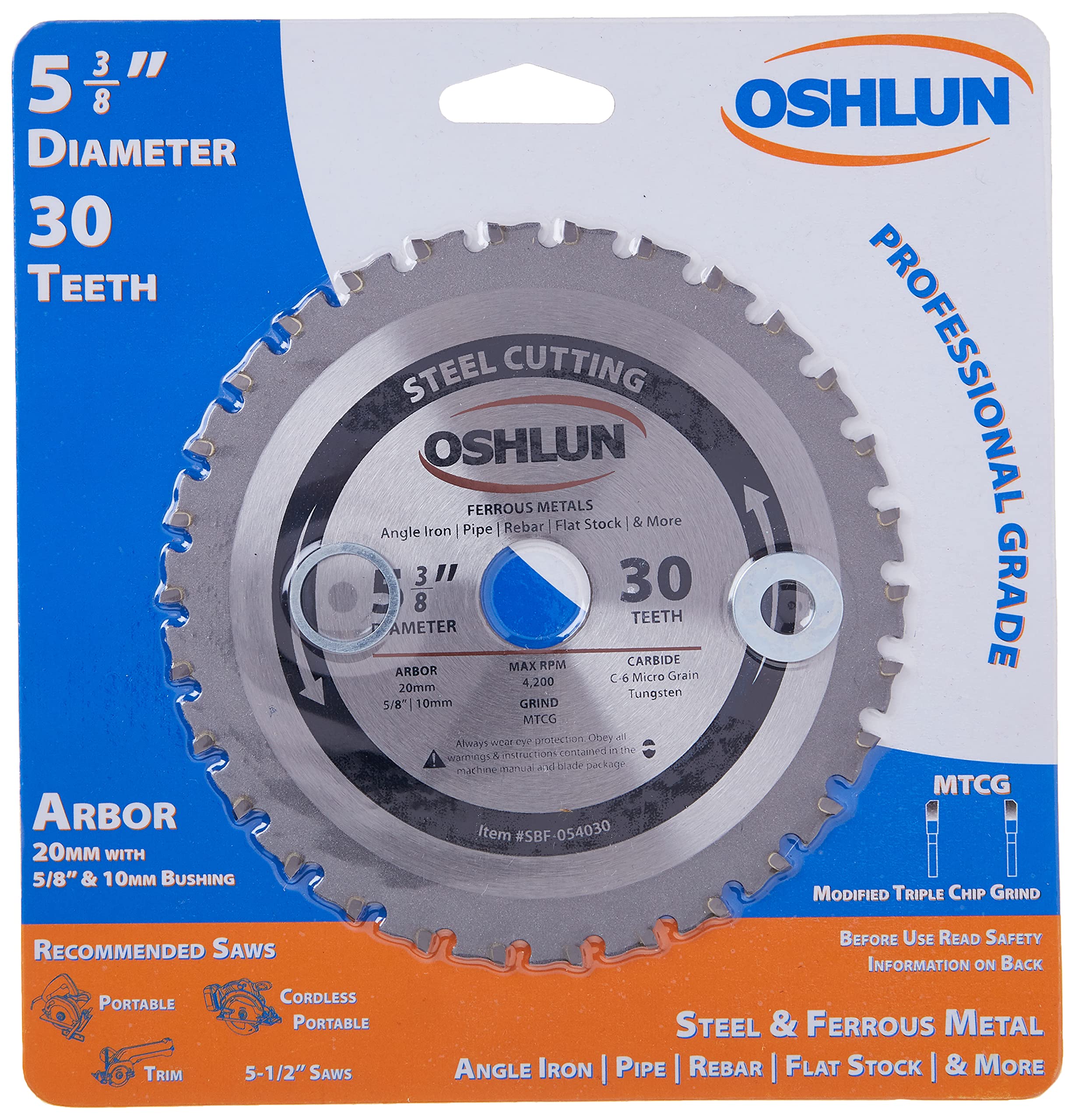 Oshlun SBF-054030 5-3/8-Inch 30 Tooth MTCG Saw Blade with 20mm Arbor (5/8-Inch and 10mm Bushings) for Mild Steel and Ferrous Metals