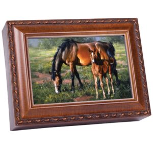 cottage garden horses brown mare black mane colt woodgrain rope trim music box plays wonderful world