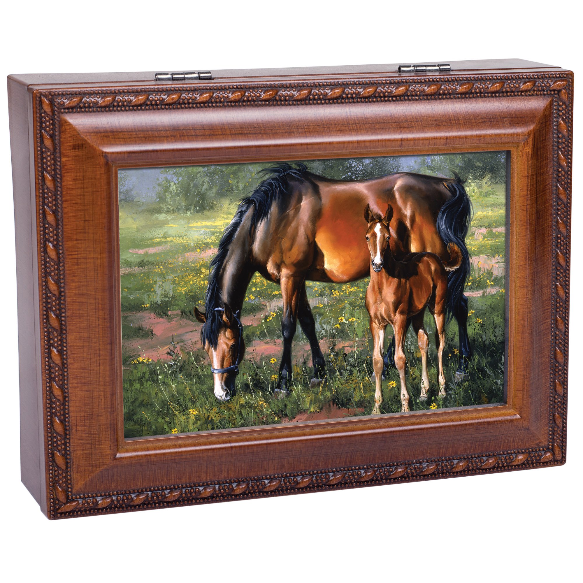 Cottage Garden Horses Brown Mare Black Mane Colt Woodgrain Rope Trim Music Box Plays Wonderful World