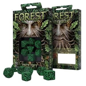 Q WORKSHOP Forest Engraved green & black RPG ornamented Dice Set 7 polyhedral pieces