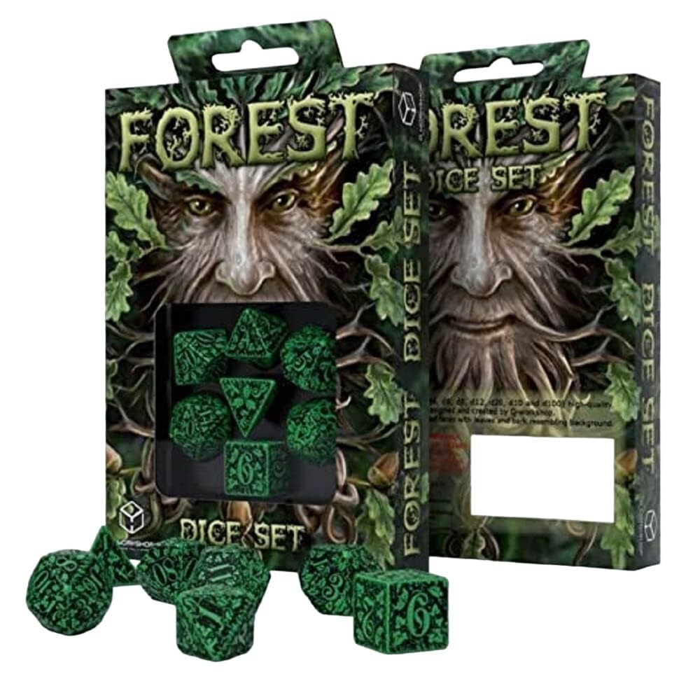 Q WORKSHOP Forest Engraved green & black RPG ornamented Dice Set 7 polyhedral pieces