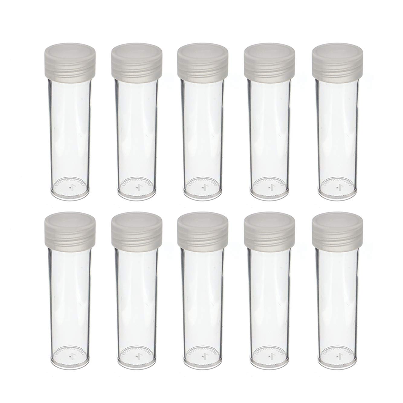 COIN STORAGE TUBES, round clear plastic w/ screw on tops for CENTS / PENNIES (Quantity of 10 tubes)