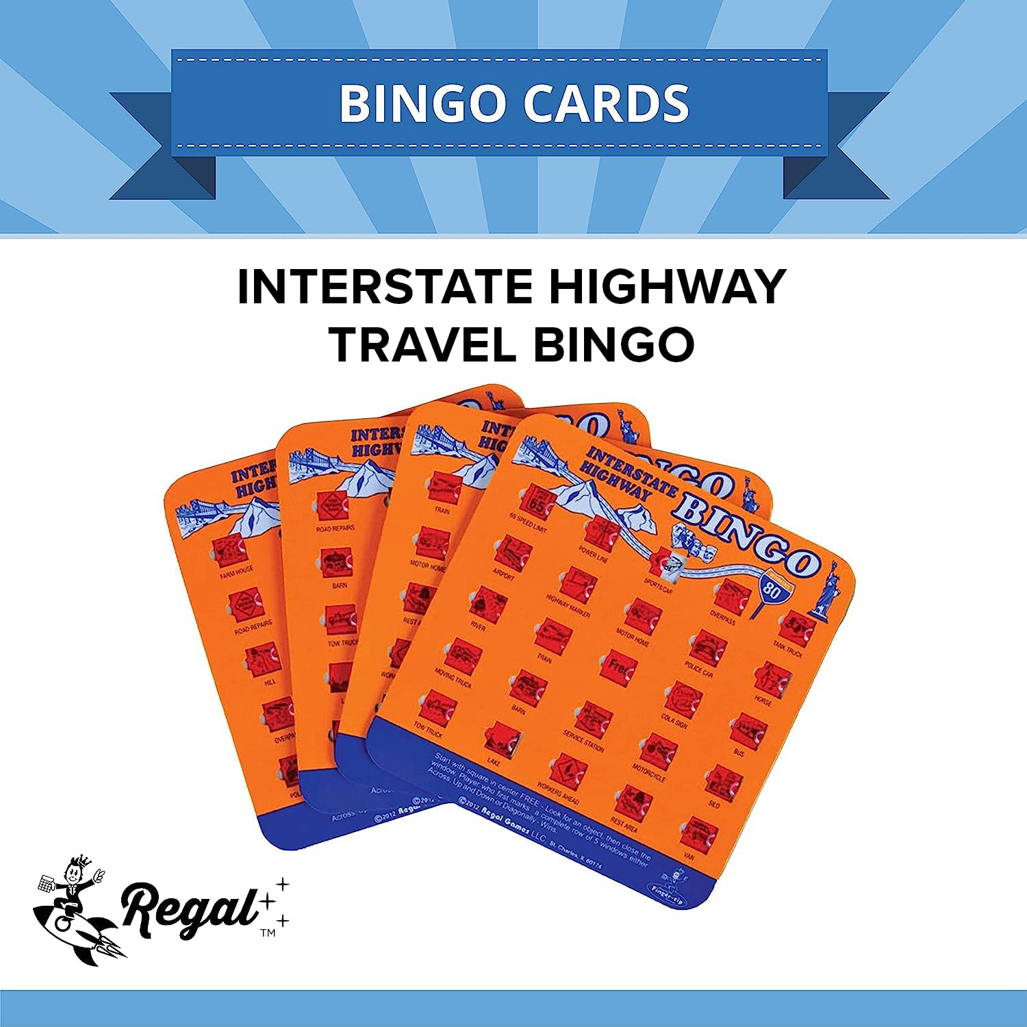 Regal Games Finger-Tip Shutter Bingo Cards with Sliding Windows - Interstate Highway Game Set - Travel Bingo Game for Adults & Kids - Reusable, No Chips & Daubers Needed - 4 Packs - Orange