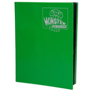 monster protectors 9 pocket trading card binder - matte green album, anti-theft & anti-drop tcg protection w side loading padded pockets, double sided, holds 360 cards, for sports, kpop, xmas gift