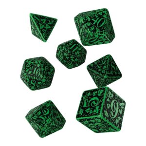 q workshop forest engraved green & black rpg ornamented dice set 7 polyhedral pieces