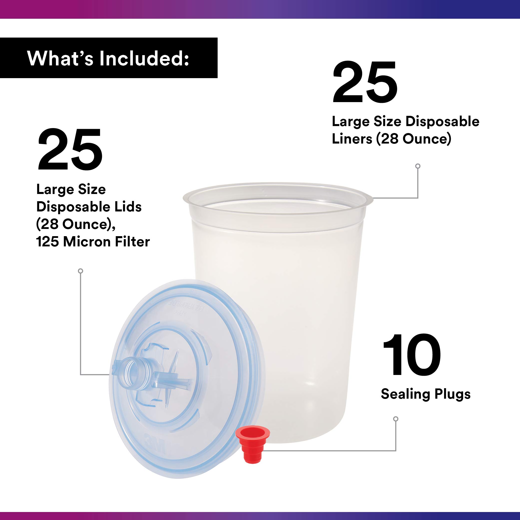 3M PPS (Original Series) Paint Spray Gun Cup Lids and Liners Kit, 16325, Large, 28 oz, 125-Micron Filter, Use w/ Paint Gun for Cars, Furniture, Home, 25 Disposable Lids and Liners, 10 Sealing Plugs