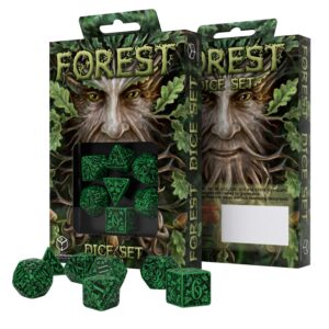 Q WORKSHOP Forest Engraved green & black RPG ornamented Dice Set 7 polyhedral pieces