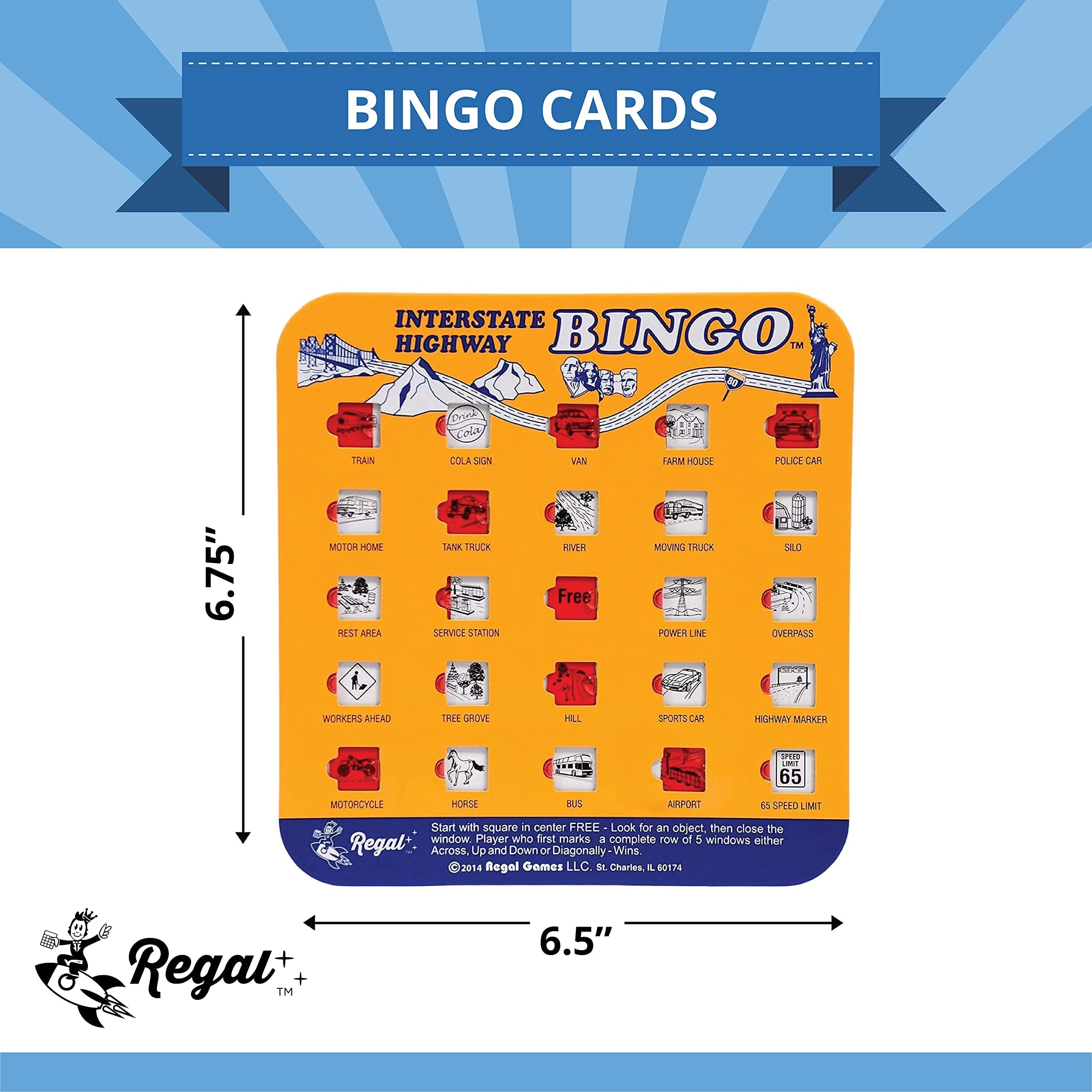 Regal Games Finger-Tip Shutter Bingo Cards with Sliding Windows - Interstate Highway Game Set - Travel Bingo Game for Adults & Kids - Reusable, No Chips & Daubers Needed - 4 Packs - Orange