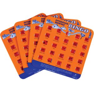 regal games finger-tip shutter bingo cards with sliding windows - interstate highway game set - travel bingo game for adults & kids - reusable, no chips & daubers needed - 4 packs - orange